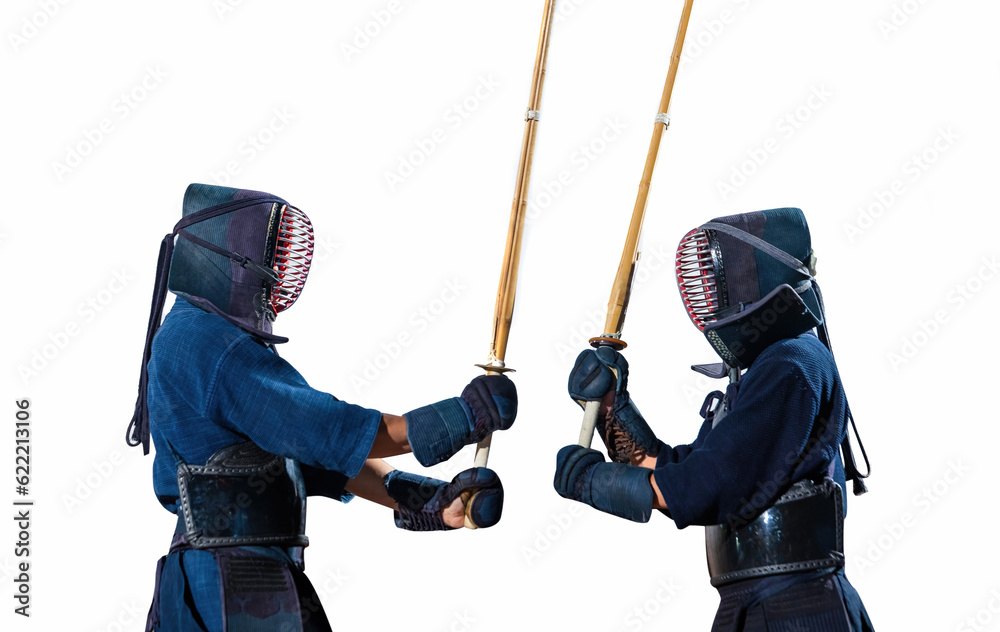 Two Kendo martial arts fighters combat fighting in silhouette isolated ...