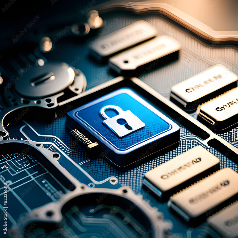 Cybersecurity concept showing a smart watch motherboard and a padlock ...