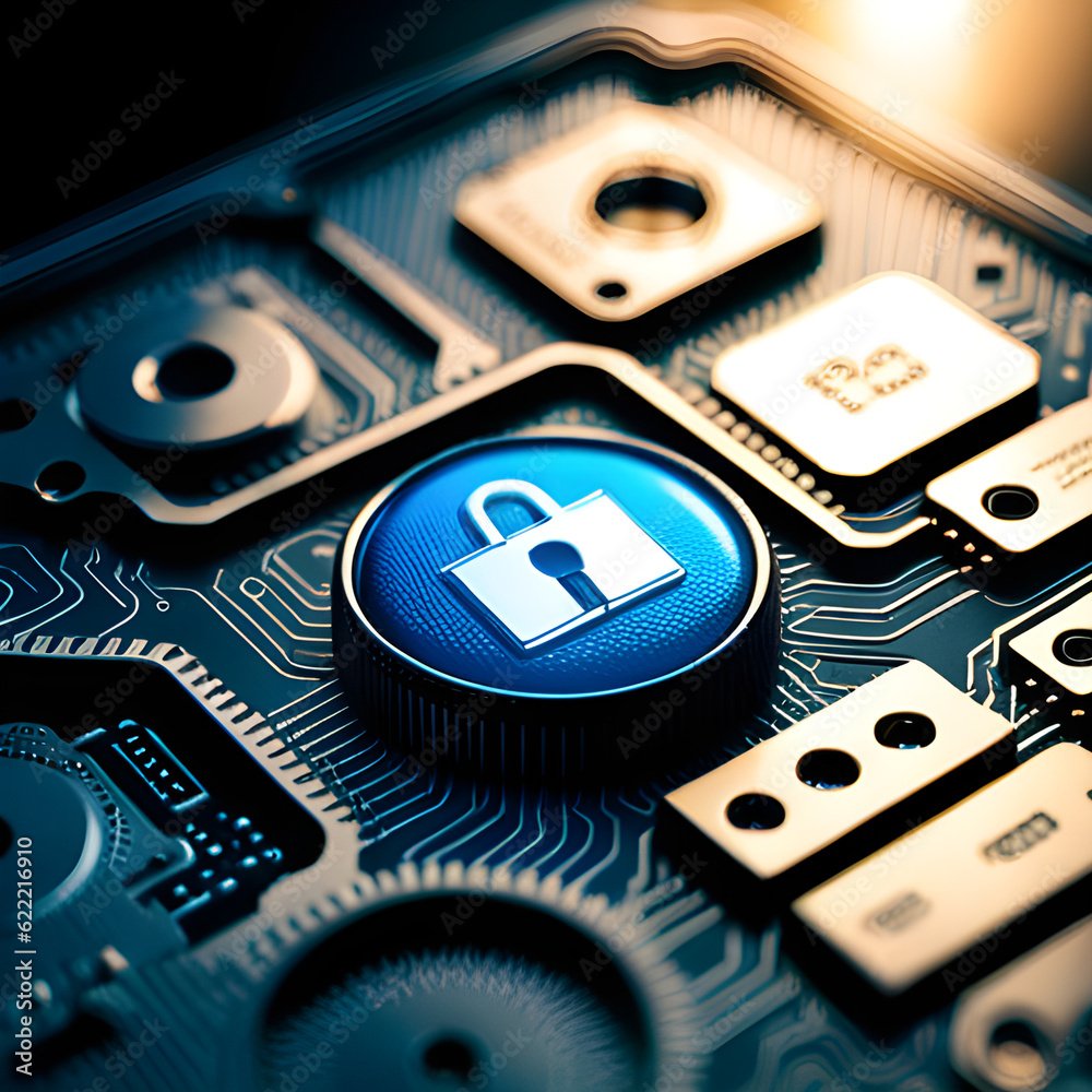 Cybersecurity concept showing a smart watch motherboard and a padlock ...