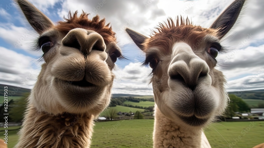 Friendly llamas, endearing creatures characterized by their long necks ...
