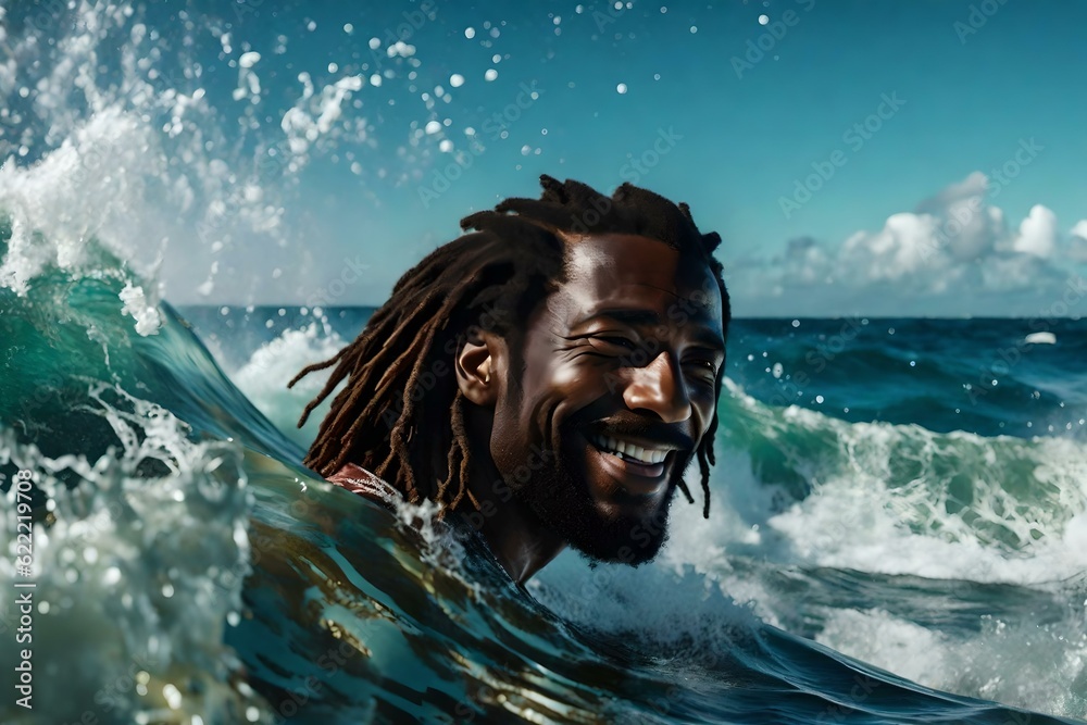 Digital illustration of a black rasta man swimming in the ocean. (AI ...