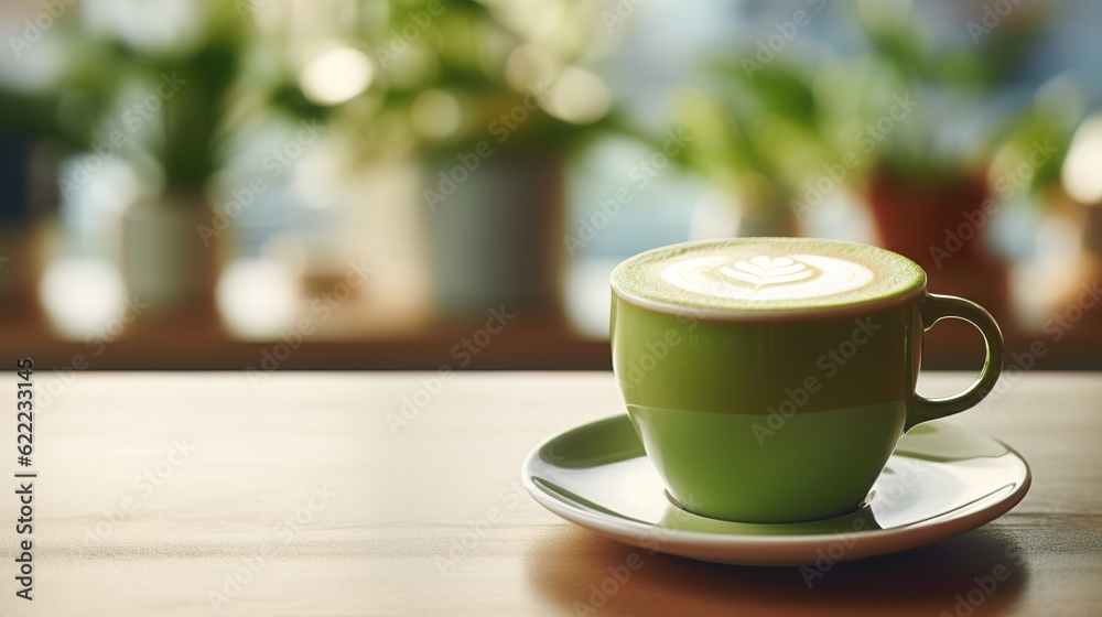 Close Up, matcha and tea in coffee shop, cafe and restaurant for ...