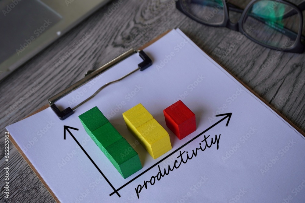 Downward bar graph with text PRODUCTIVITY. Decreased Downward bar graph ...
