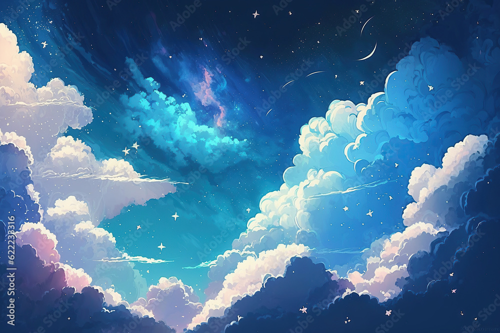 Fancy clouds background with blue summer sky and stars, Animation ...