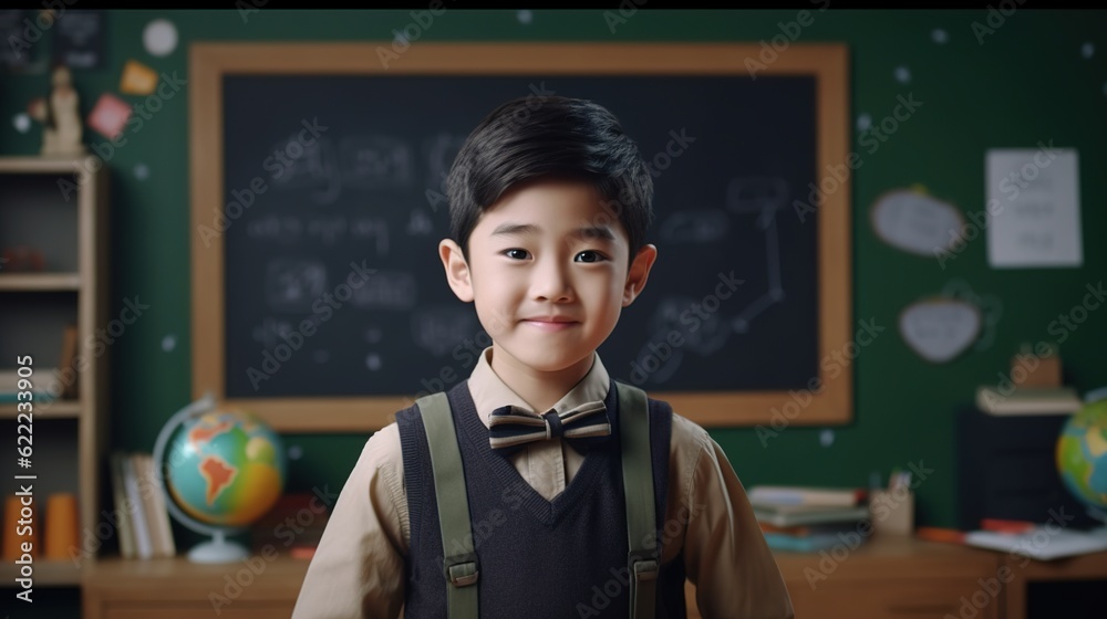 Happy cute Asian kid boy school student looking at camera at blackboard ...