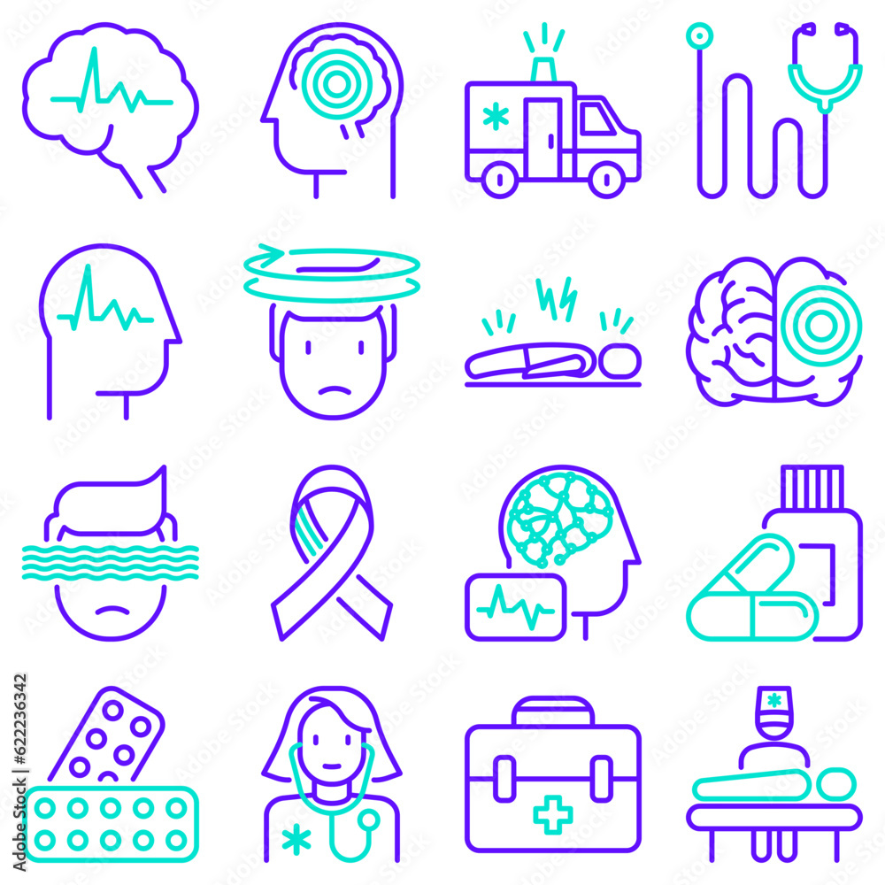 Epilepsy thin line icons set of symptoms and treatments: convulsion ...