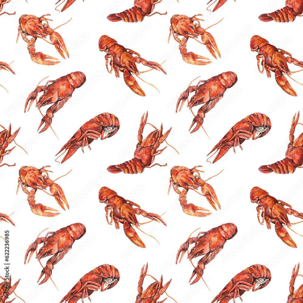 Seamless pattern of boiled crayfish. Watercolor illustration isolated ...