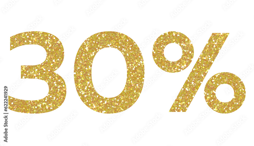 Golden glitter 30% on transparent background. 30 percent. Sales concept ...