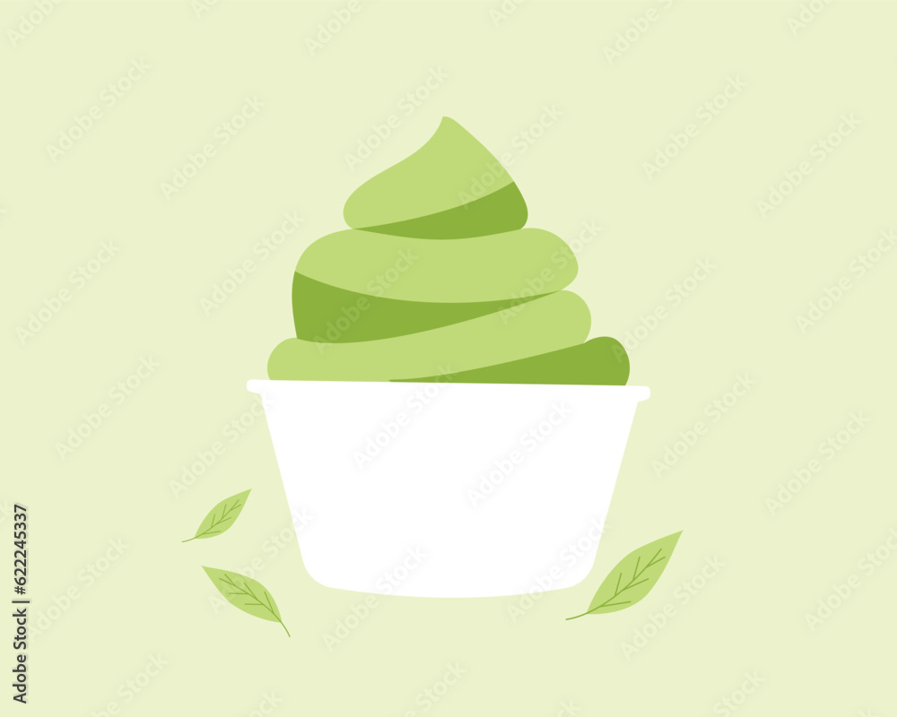 Matcha ice cream in a bowl with matcha leaves on the side on isolated ...