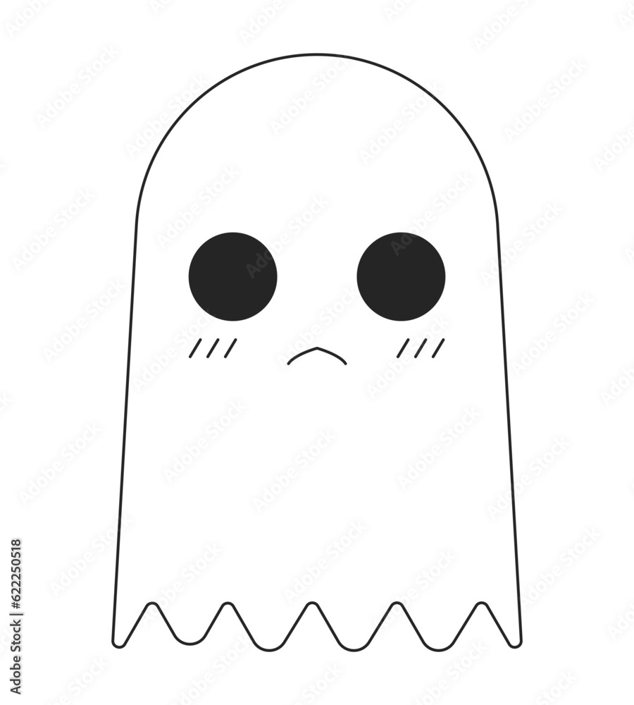 Unhappy Cute Ghost Flat Monochrome Isolated Vector Object Editable Black And White Line Art