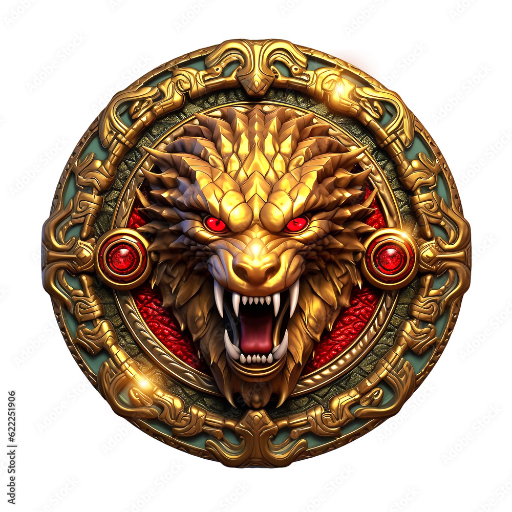 A Silver and gold metal dragon head metal emblem. 3D style dragon metal ...