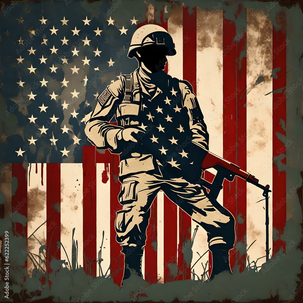A vintage poster of a United States of America Soldier silhouette ...