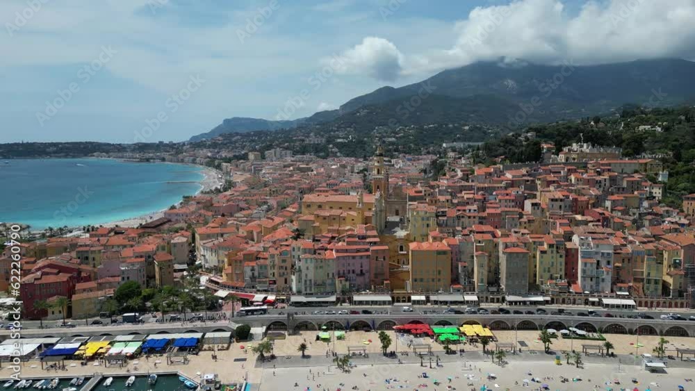 Plage des Sablettes beach in Menton France and old town with Saint ...