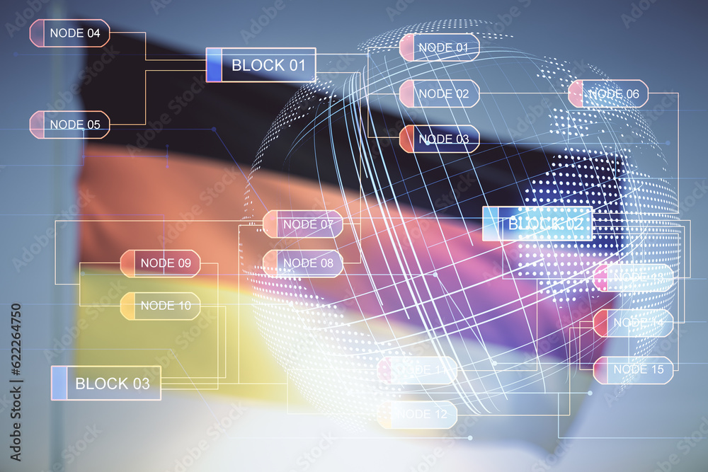 Abstract virtual coding concept and world map hologram on flag of ...