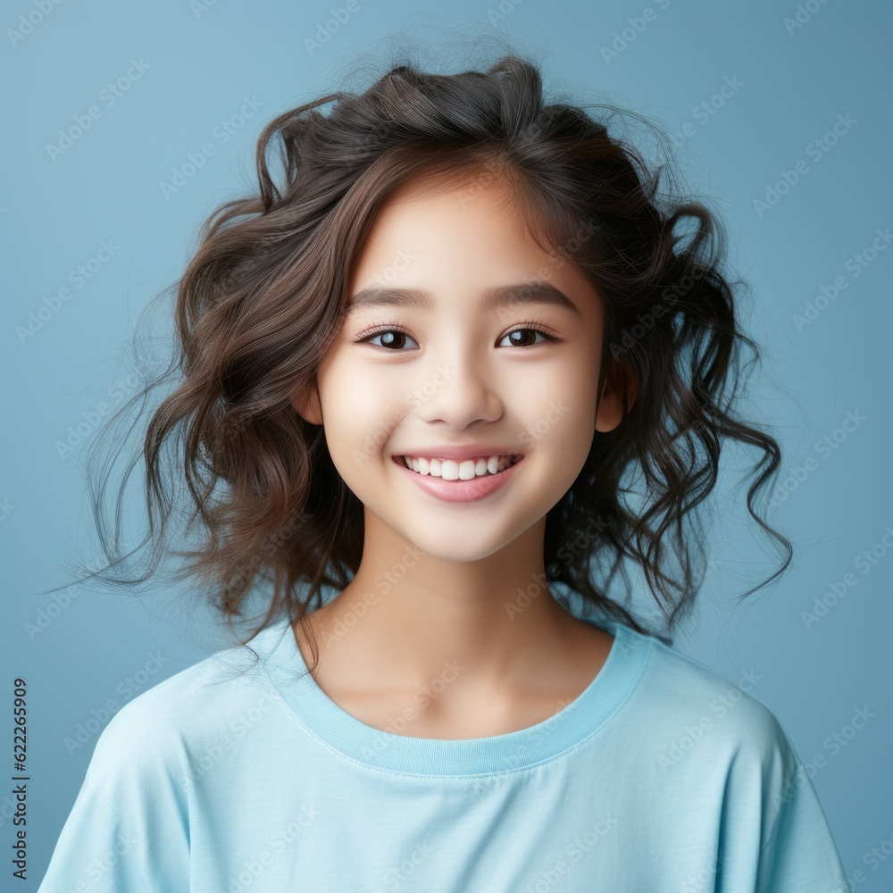 Portrait of a smiling Asian little girl with black hair on a blue ...