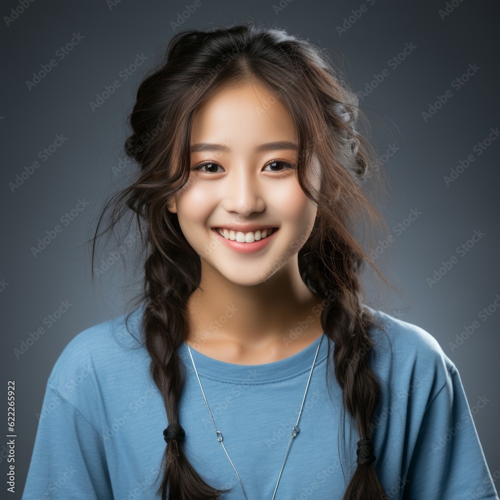 Portrait of a smiling Asian teen girl with black hair on blue ...
