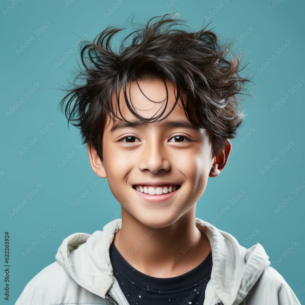 Portrait of a smiling Asian teen boy with black hair. Closeup face of ...