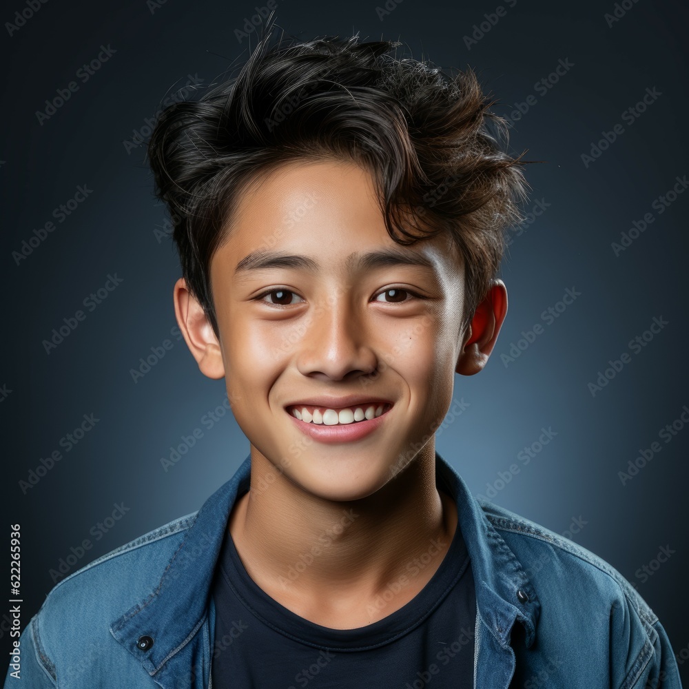 Portrait of a smiling Asian teen boy with black hair. Closeup face of ...