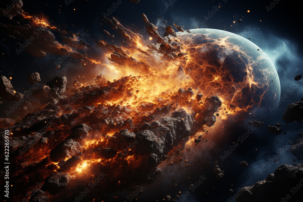 A dramatic scene of an incoming asteroid, with flames and smoke ...