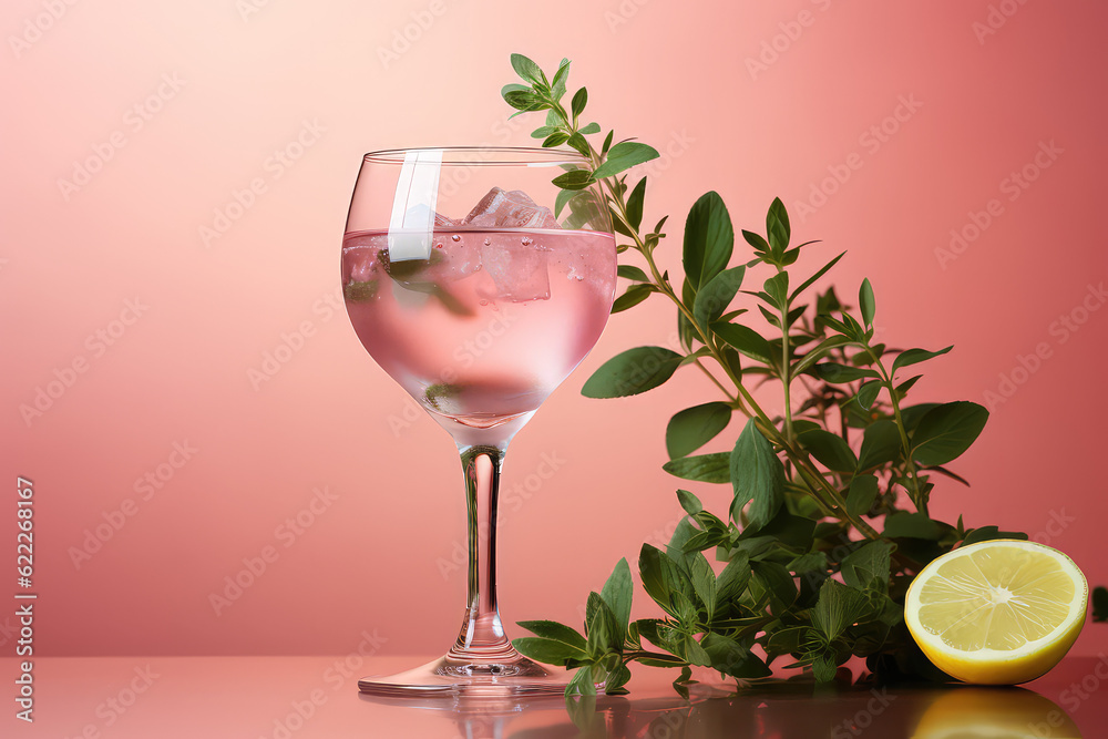Summer refreshing drink with mint, sparkling water, lemon juice and ice in a glass. Pink ...