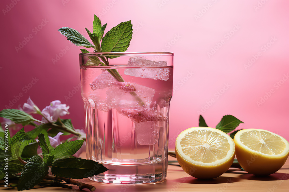 Summer refreshing drink with mint, sparkling water, lemon juice and ice in a glass. Pink ...