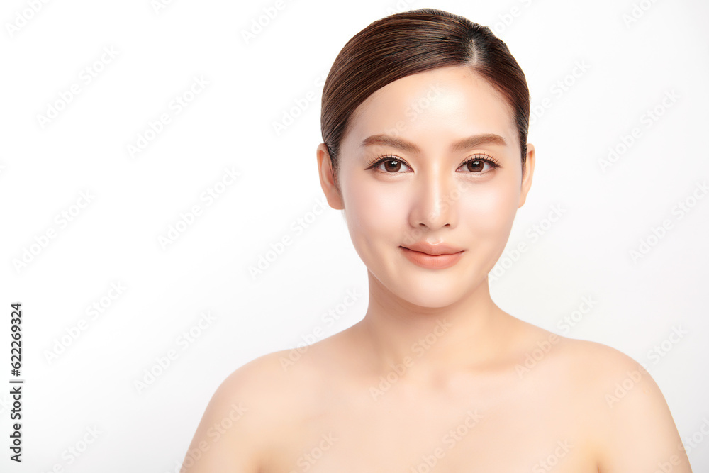 Beautiful young asian woman with clean fresh skin on white background ...