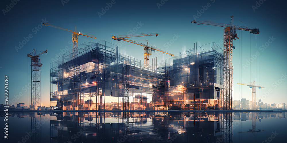 Future building construction engineering project with double exposure ...