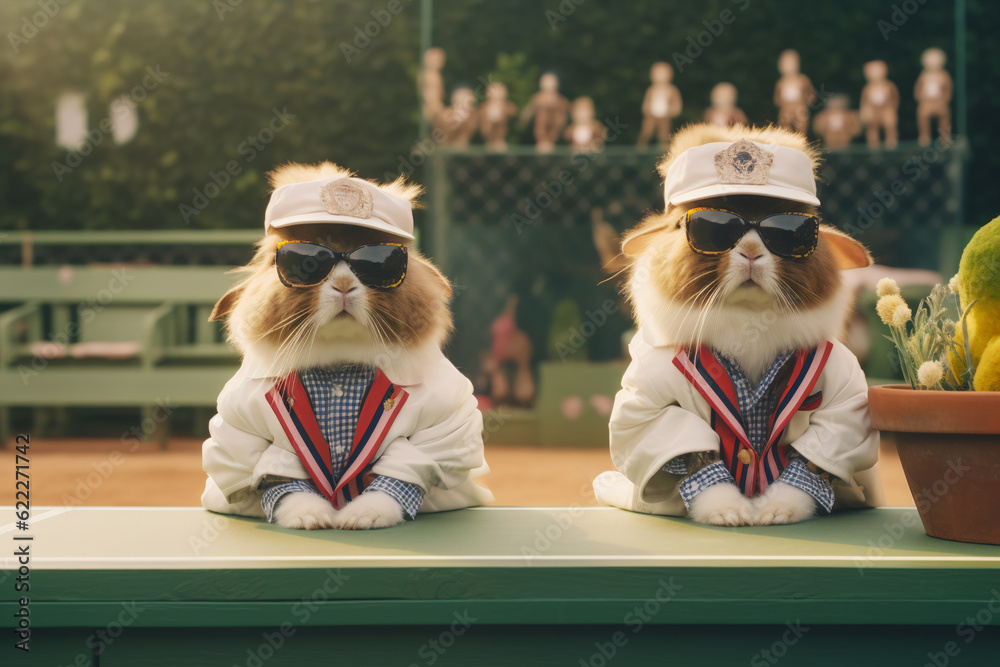 Illustration of two elegant sport dressed rabbit, bunny, hare, cony or ...