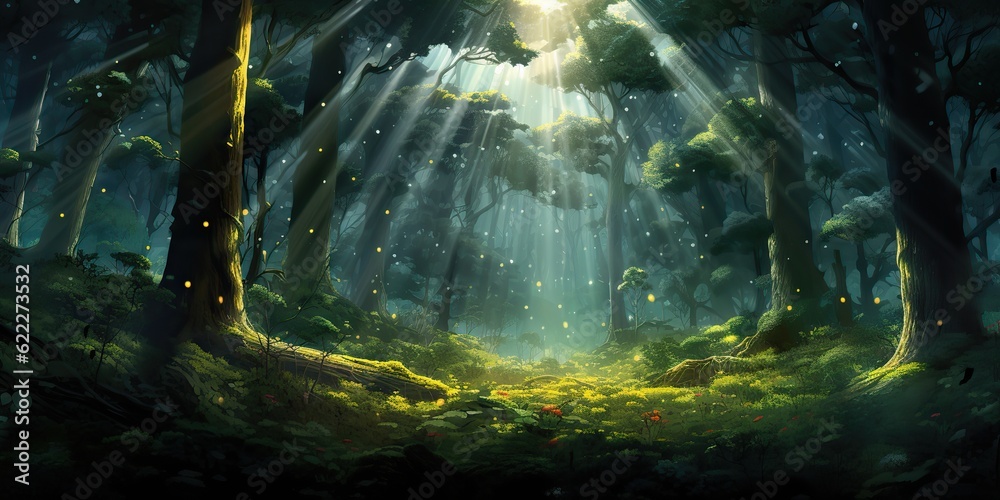 AI Generated. AI Generative. Mist fog magic dark forest. WIth sun ray going through trees ...