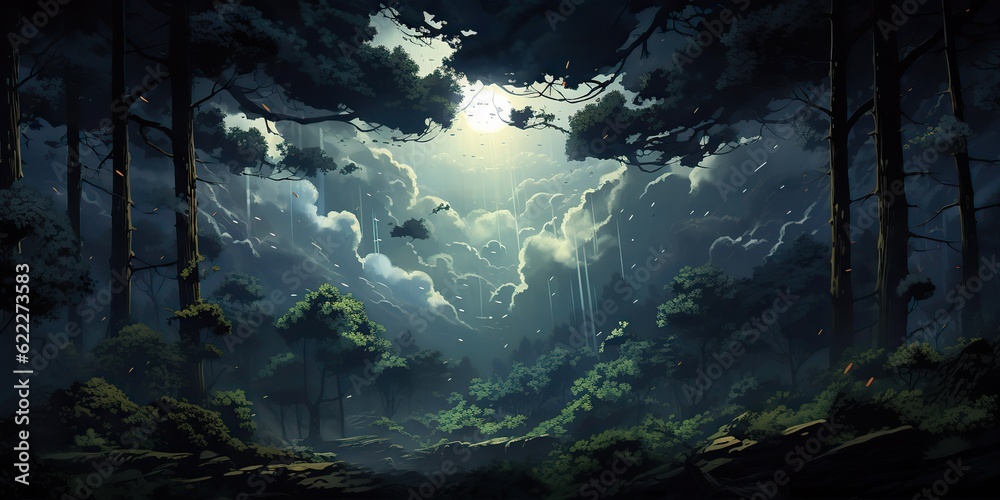 AI Generated. AI Generative. Mist fog magic dark forest. WIth sun ray going through trees ...