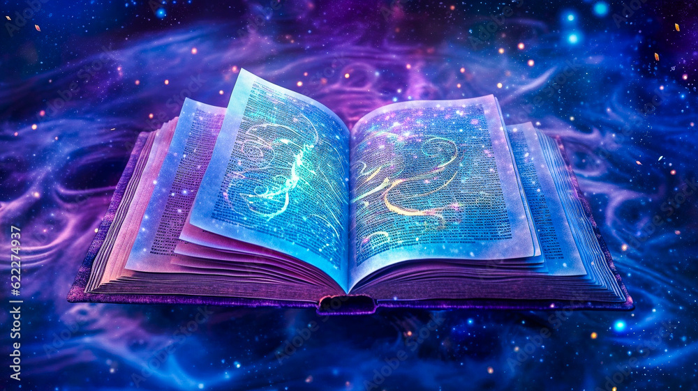 Ancien grimoire magique ouvert avec des étincelles et des éclairs bleus ...