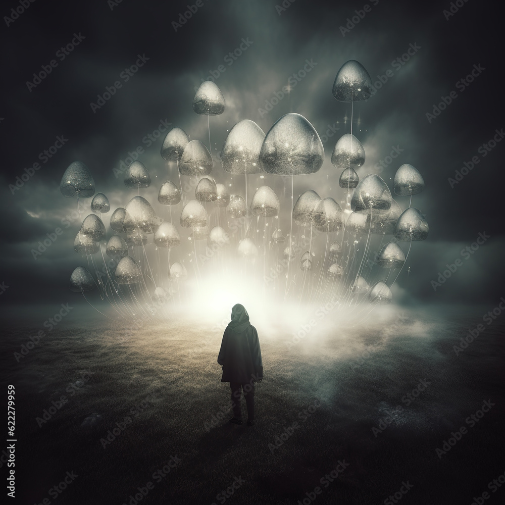 Woman observing strange glowing objects in the dark sky. Mysterious ...