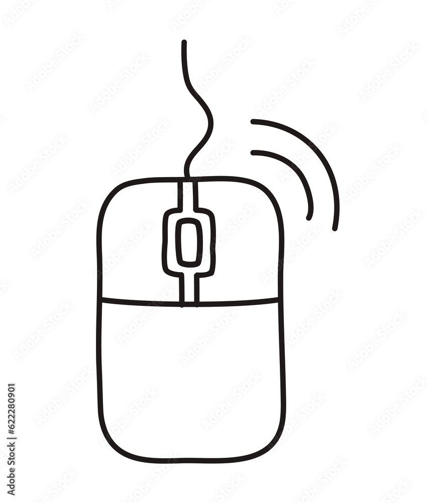 Doodle computer mouse icon or logo, hand drawn with thin black line ...