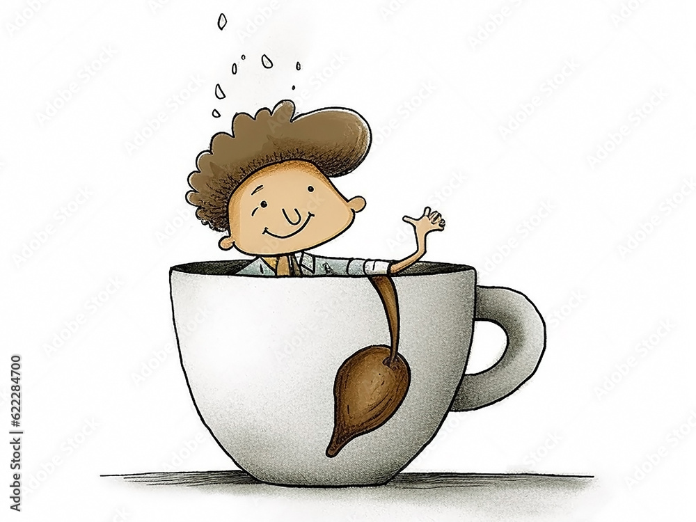 Comic image of a male cheerful laughing head inside a tea cup and on an ...