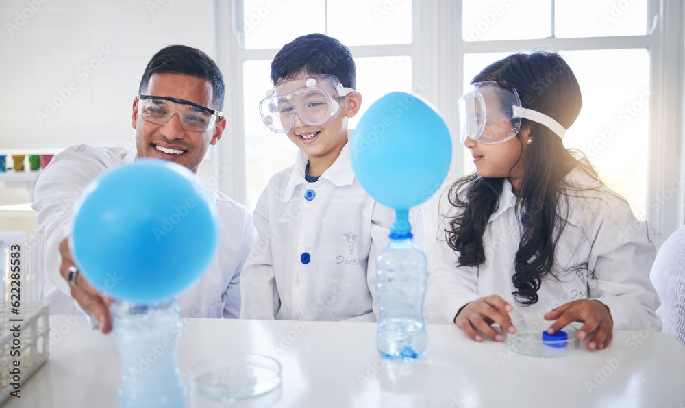 Family, science and father with kids in a laboratory with balloon for ...