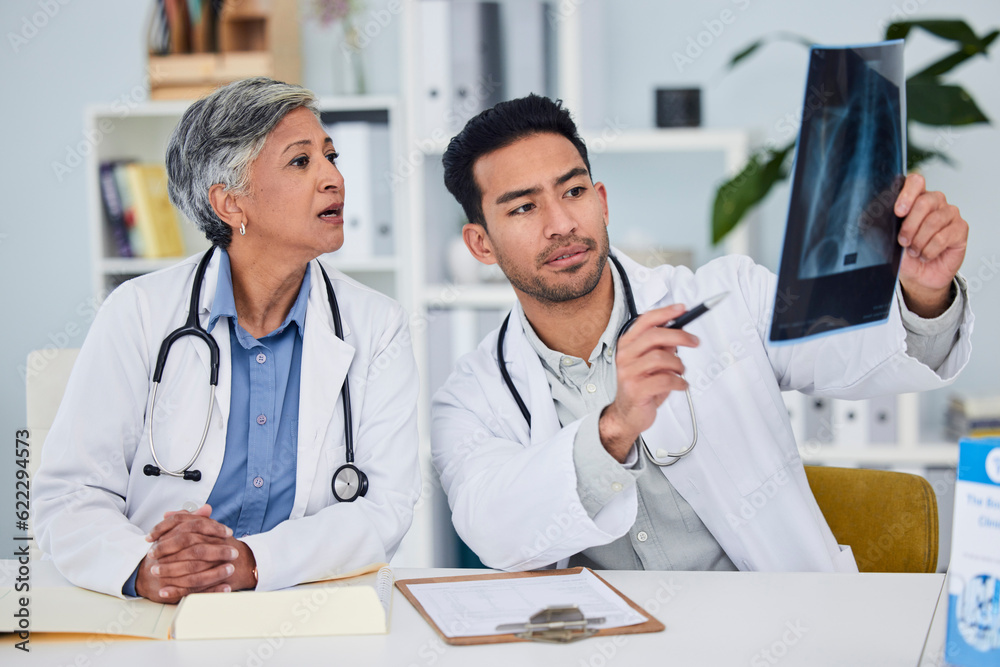 Teamwork, xray and doctors, nurses or people of healthcare research ...