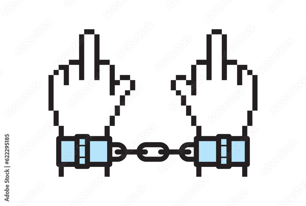 Vector pixel cursor hand icon with handcuffs. Hands in a gesture with ...