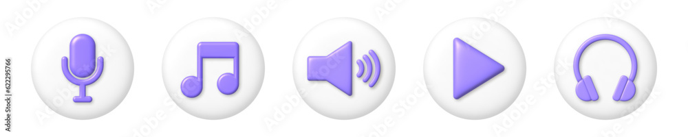 Microphone, notes, megaphone, play button, headphones. Set of 3d music ...