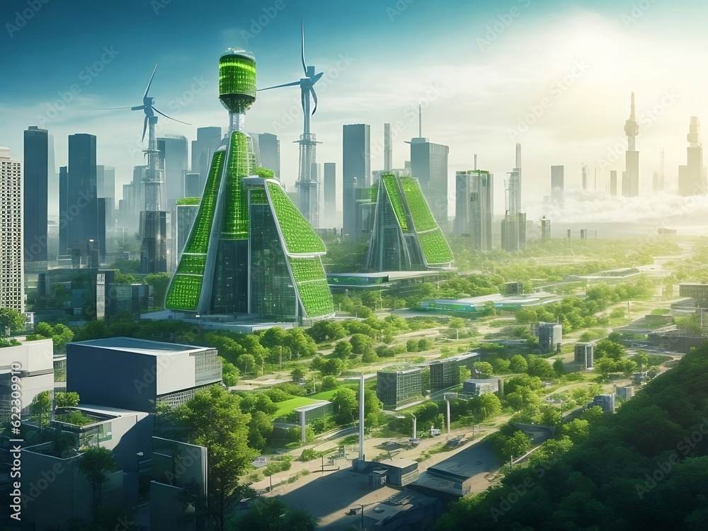 Impressive photo realistic cityscape with green energy sources ...