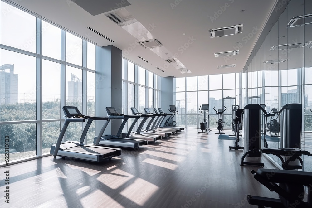 Fitness center gym interior design with daylight big window center city ...