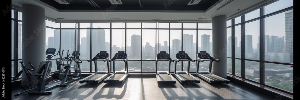 Fitness center gym interior design with daylight big window center city ...