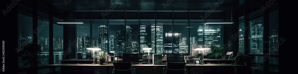 Foto de night time office space with row of working office table and ...