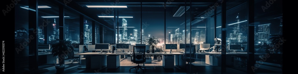 night time office space with row of working office table and work ...