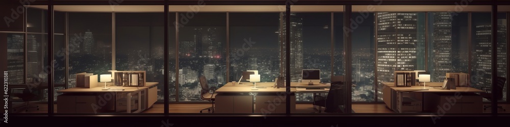 night time office space with row of working office table and work ...