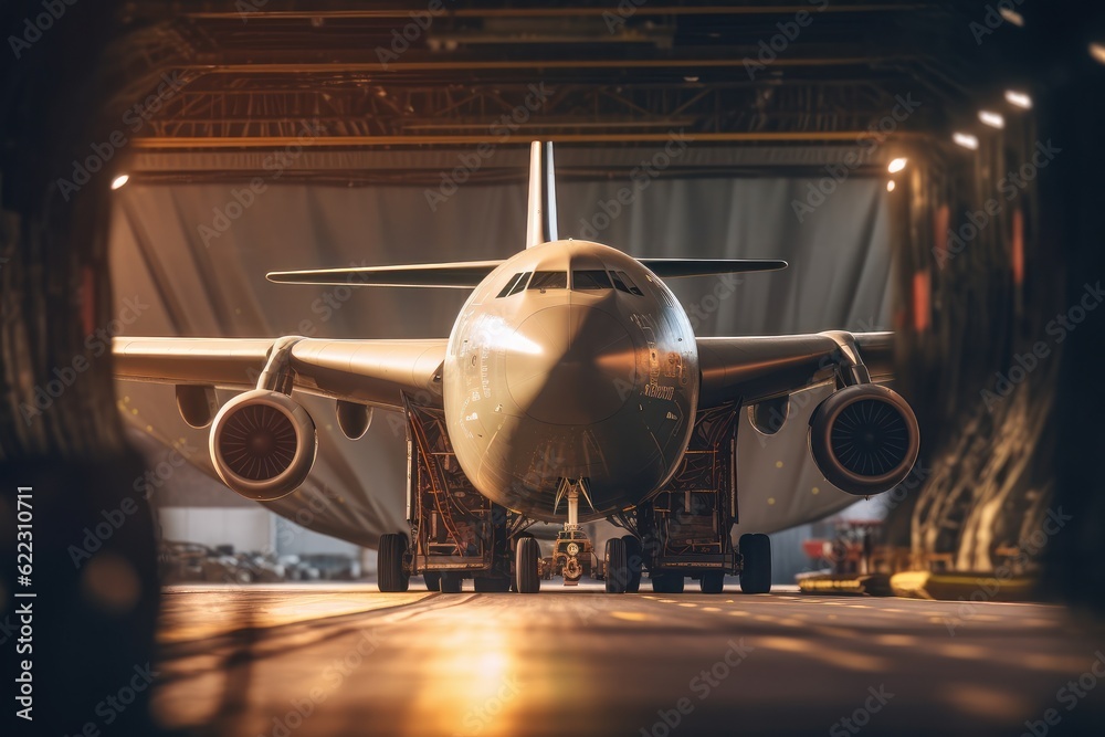 Close-up view from the ground of a cargo plane at the airport. Front ...