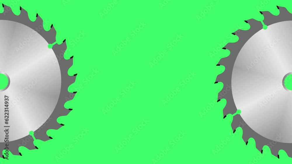 Two circular saw blades rotate on an isolated green background. Tool ...