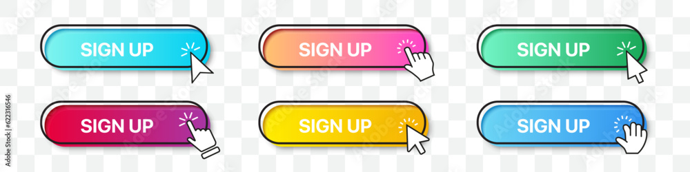 Sign up buttons collection with arrow and hand cursor pointer. Gradient ...