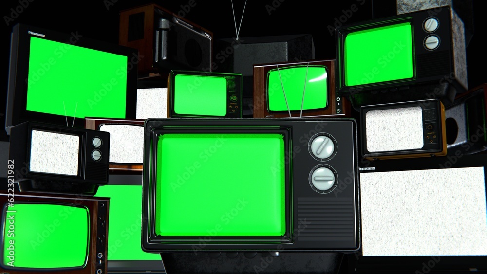 Many TV sets with chromakey on screen. Creative background and intro ...