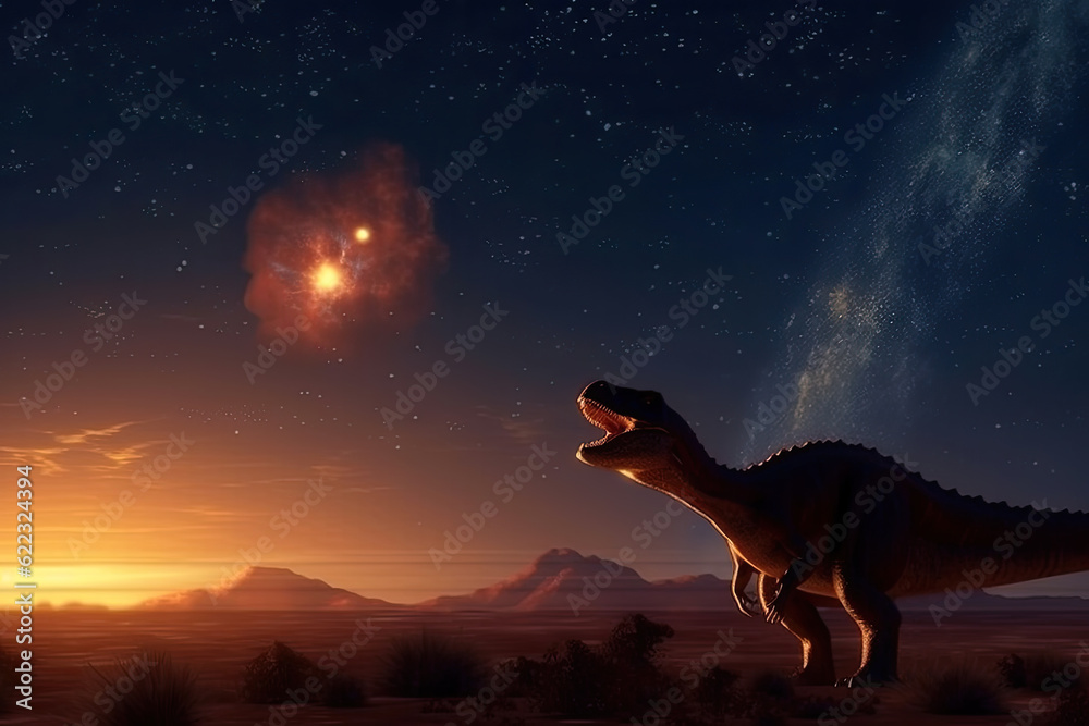 Dinosaur walks across the plain at night with a flying meteorite in the ...