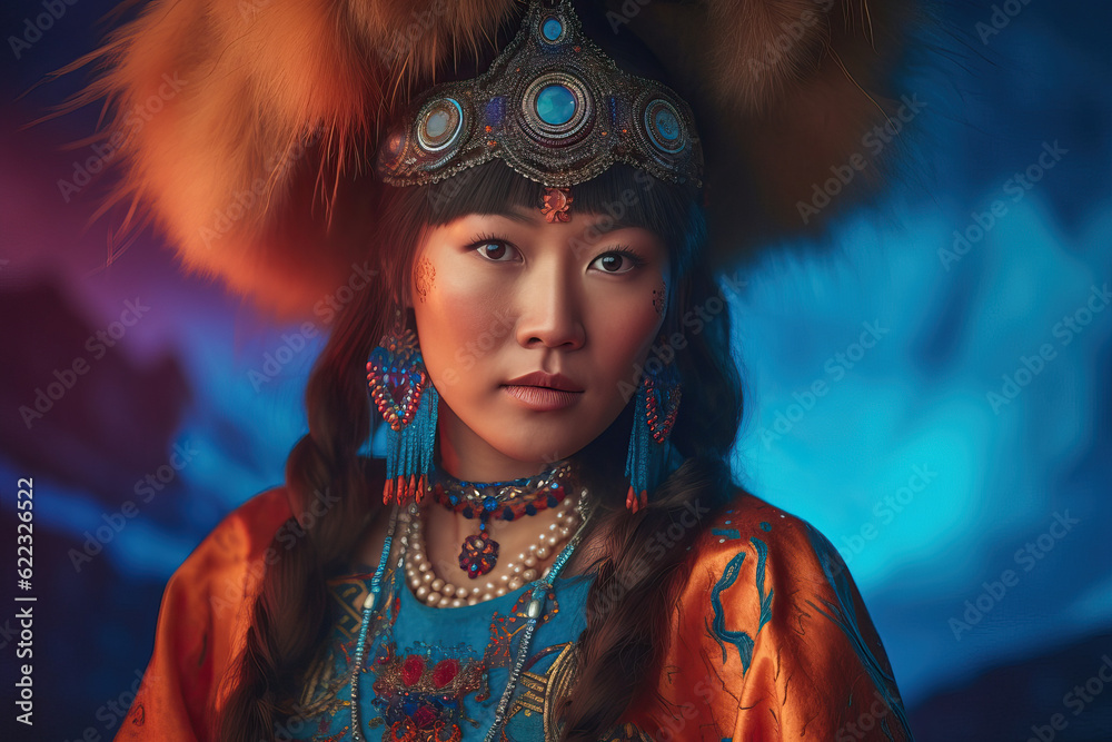 Beautiful mongolian female in traditional clothes outdoor portrait ...